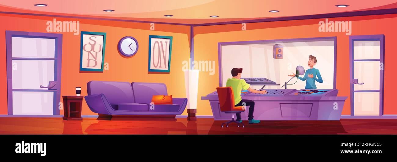 Man in music studio booth room cartoon vector. Sound production ...