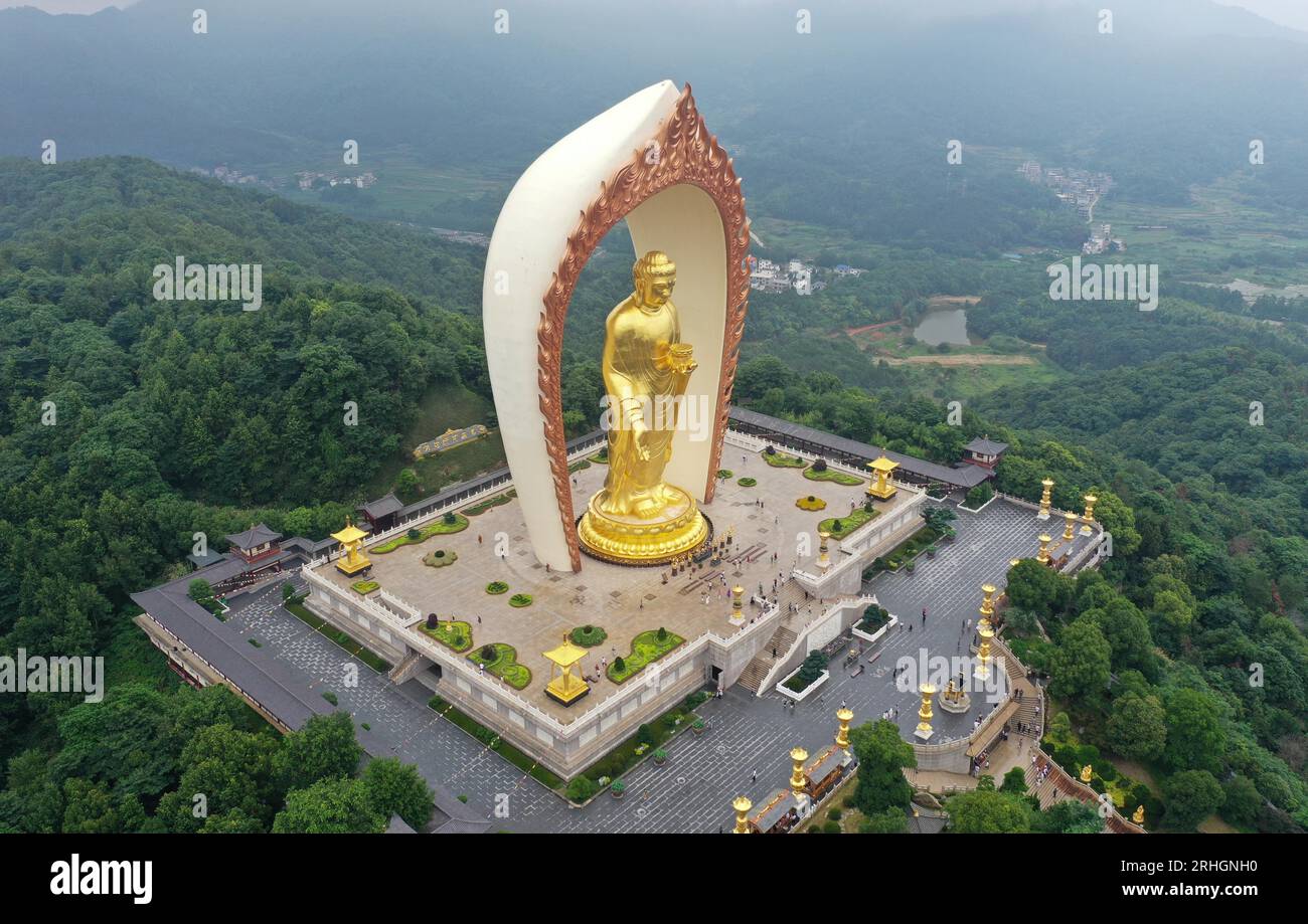 Aerial photo shows the Donglin Buddha at Mount Lu in Jiujiang City, east China's Jiangxi ...