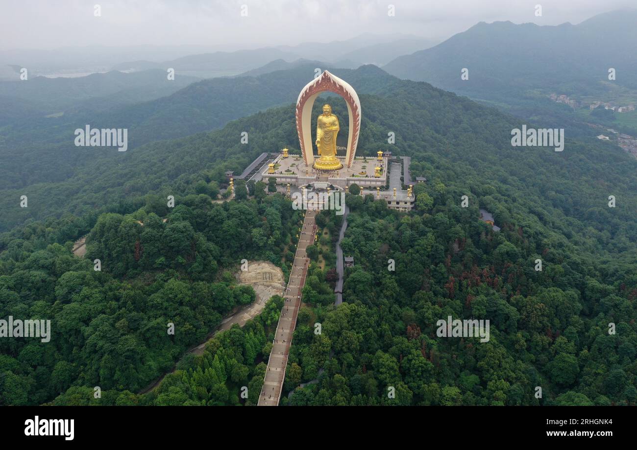 Aerial photo shows the Donglin Buddha at Mount Lu in Jiujiang City ...