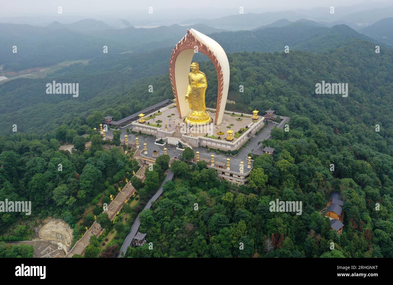Aerial photo shows the Donglin Buddha at Mount Lu in Jiujiang City ...