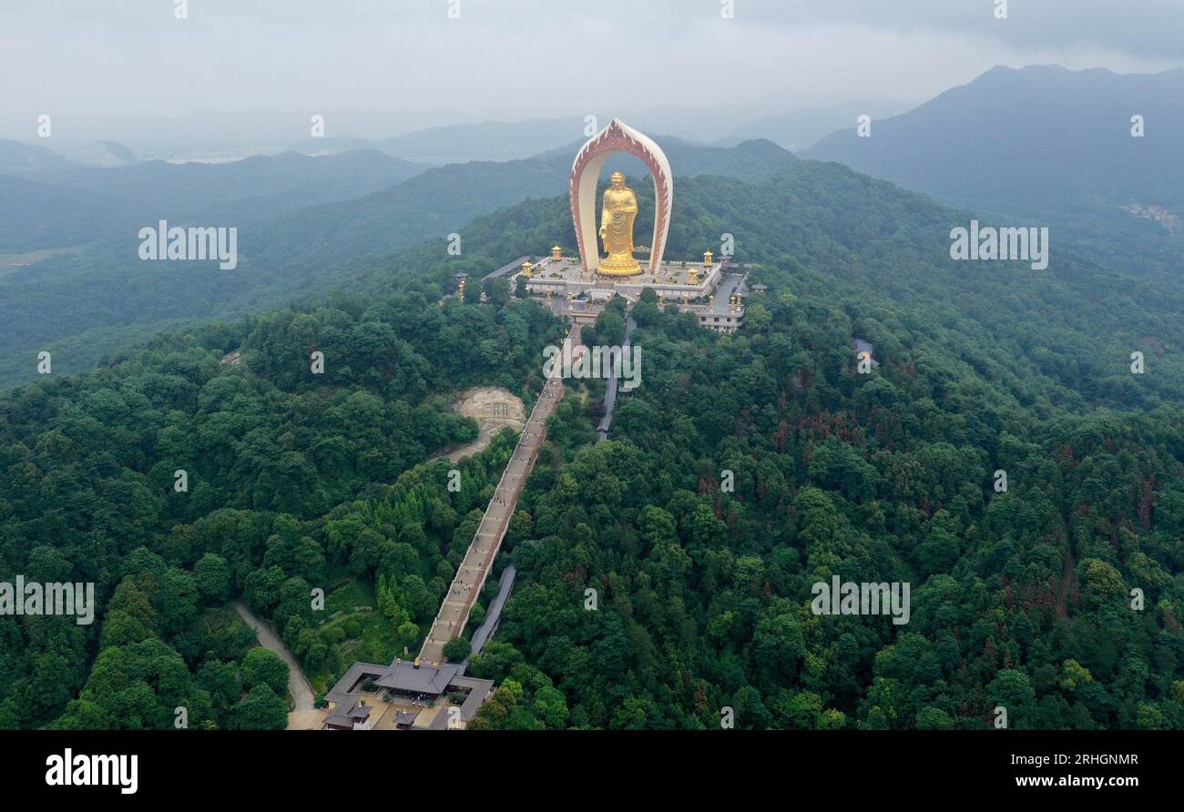 Aerial photo shows the Donglin Buddha at Mount Lu in Jiujiang City ...