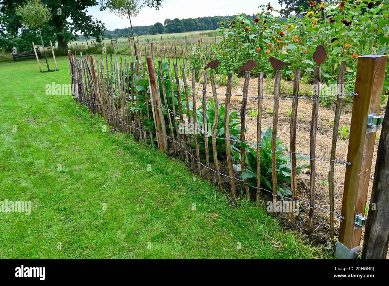 Fence around small flower garden in bigger garden Stock Photo - Alamy