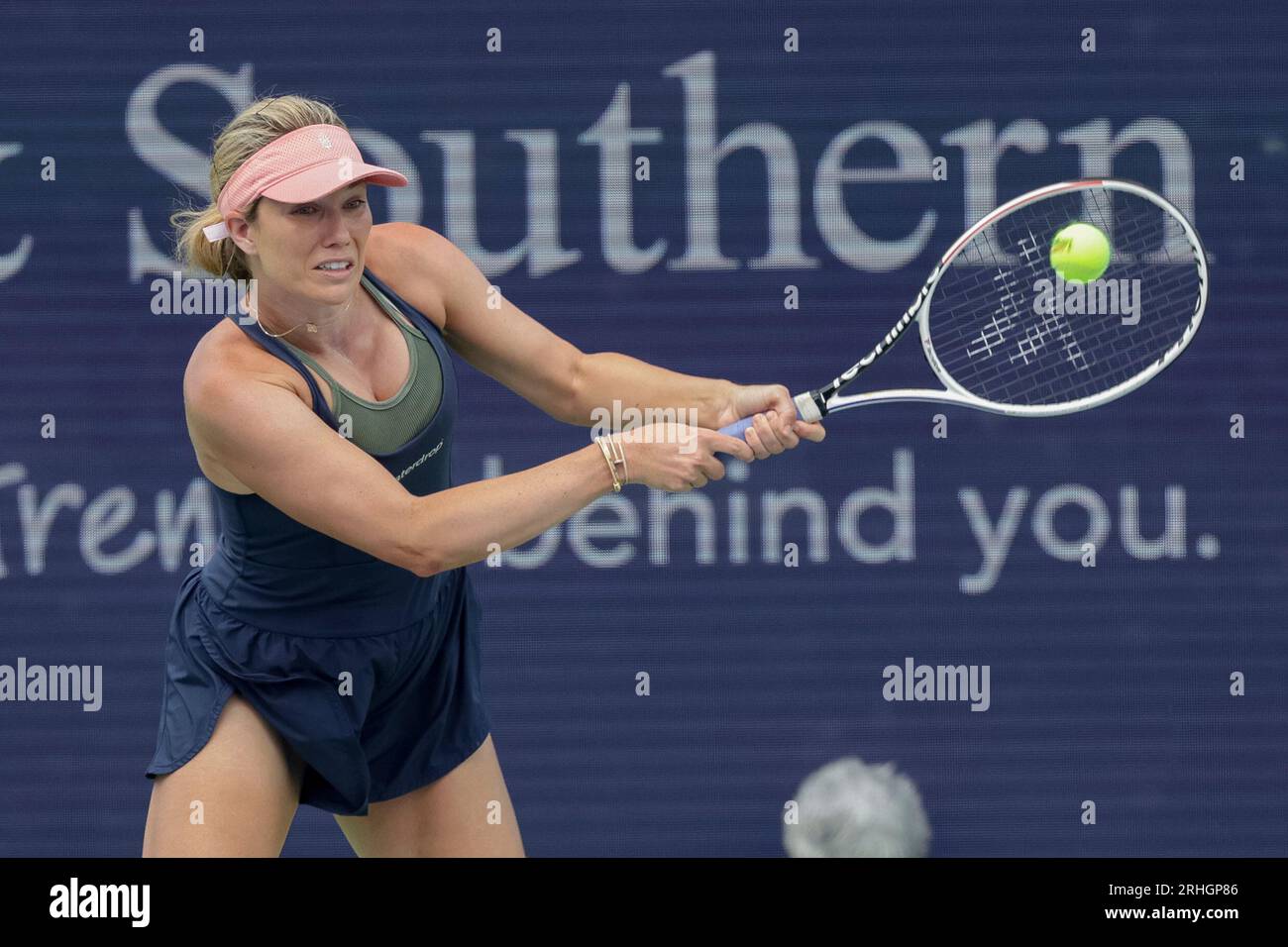 August 16, 2023, Mason, Ohio, USA: Danielle Collins (USA) hits a two ...