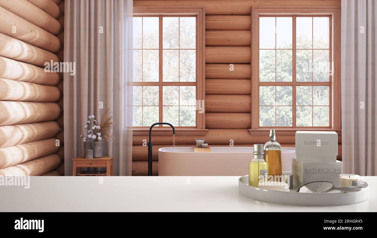 Spa, hotel bathroom concept. White table top or shelf with bathing ...