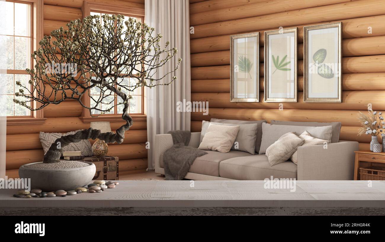 Vintage wooden table shelf with pebble and potted bloom bonsai, white ...