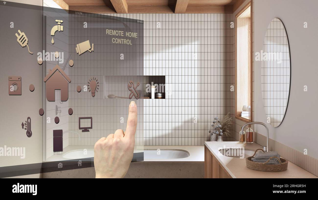 Smart home control concept, hand controlling digital interface from ...