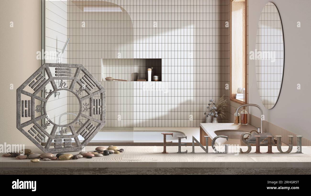 Wooden vintage table shelf with ba gua and 3d letters making the word ...