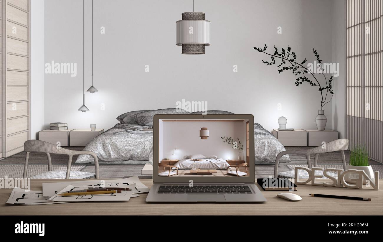 Architect designer desktop concept, laptop on wooden work desk with ...