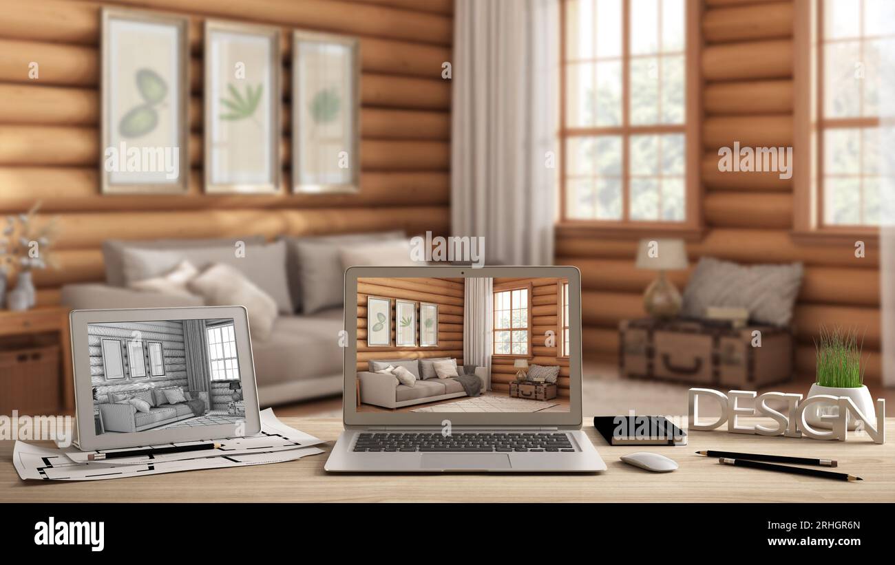 Architect designer desktop concept, laptop and tablet on wooden desk ...