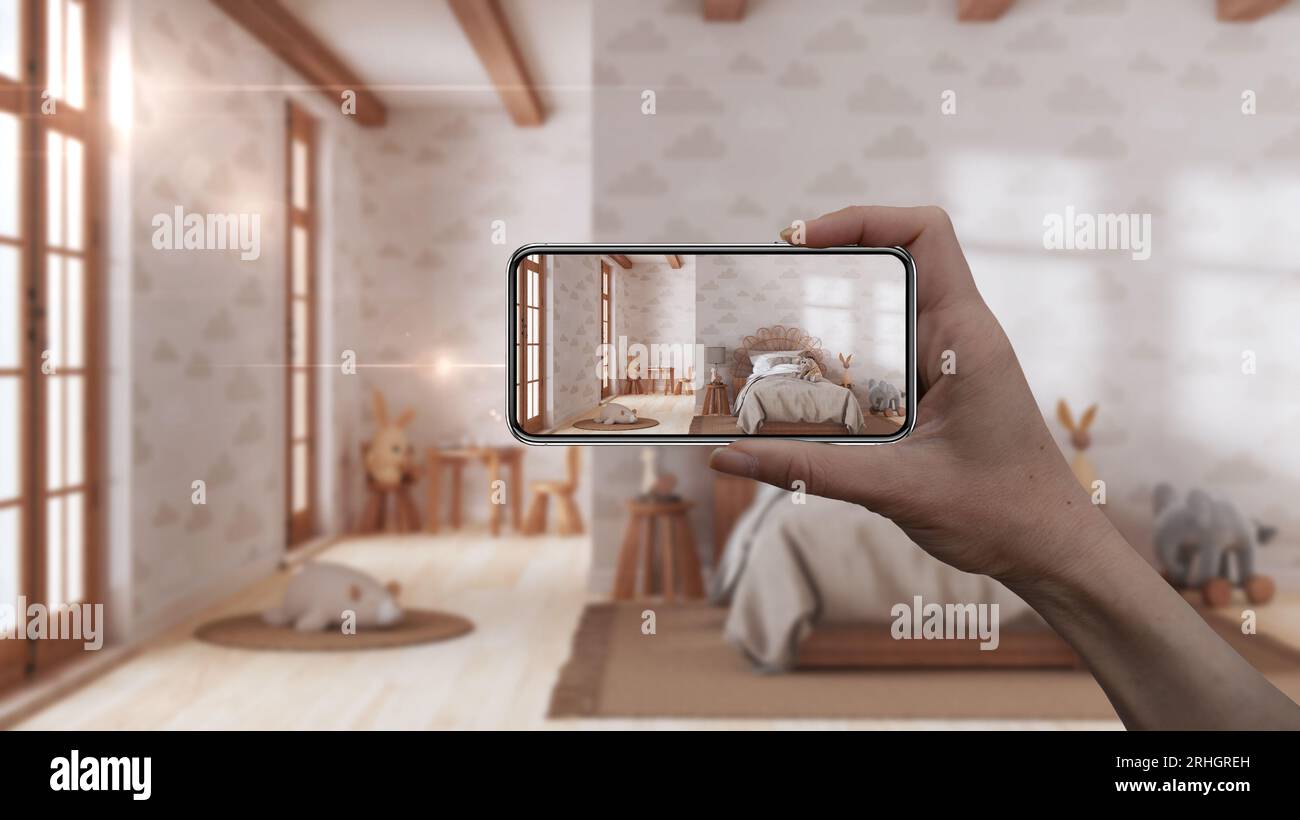 Hand holding smart phone, AR application, simulate furniture and ...