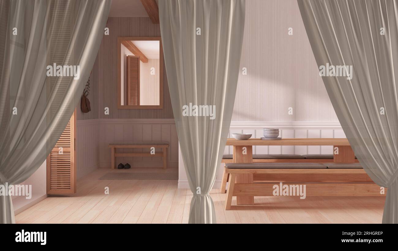 White openings curtains overlay modern living room, interior design ...