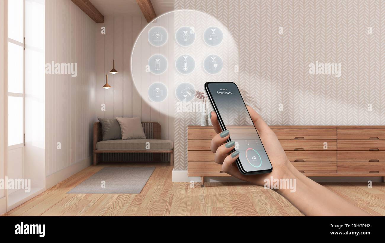 Smart home technology interface on phone app, augmented reality, internet of things, interior ...