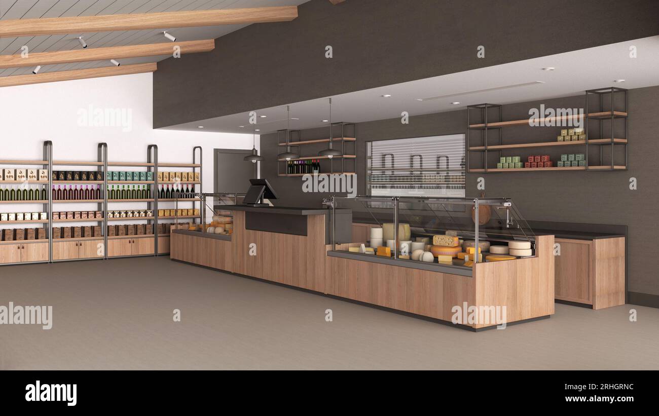 Grocery store interior design. Industrial floor, wooden furniture, loft ...