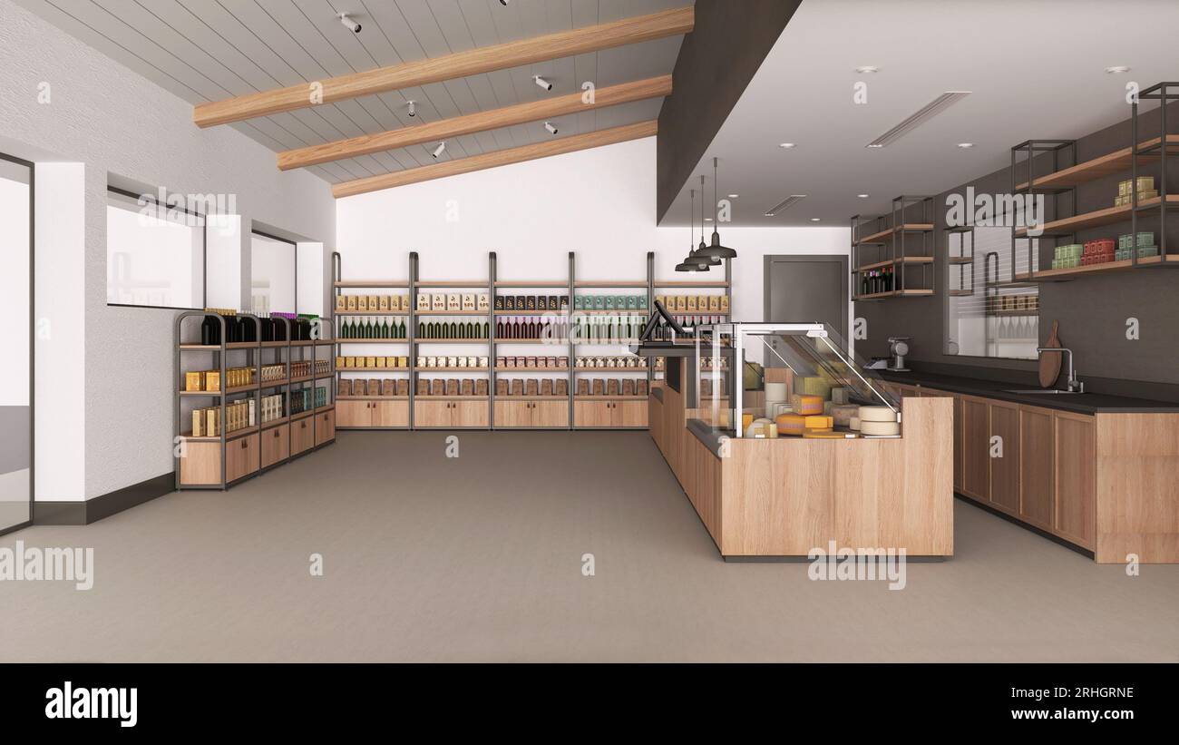 Grocery store interior design. Industrial floor, wooden furniture, loft ...