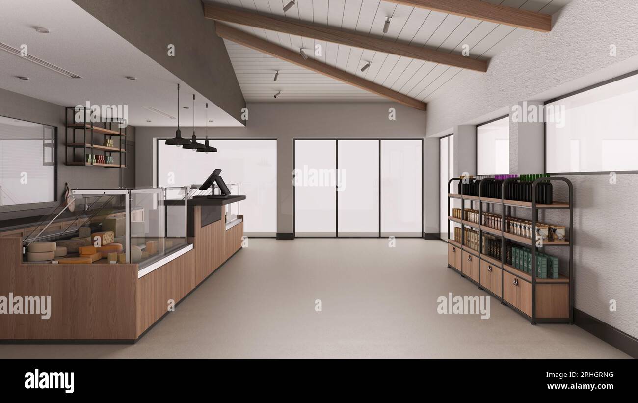 Grocery store interior design. Industrial floor, wooden furniture, loft ...