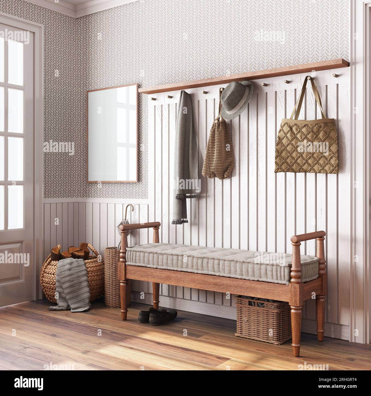 Scandinavian hallway in white and beige tones with frame mockup. Wooden ...