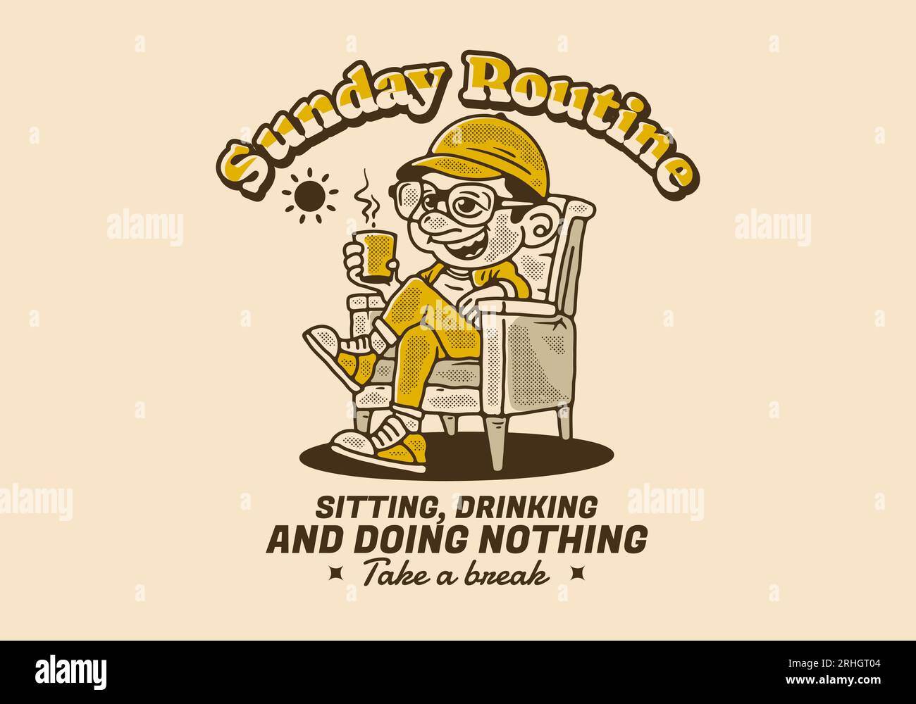 Sunday routine, sitting drinking and doing nothing, illustration of a ...