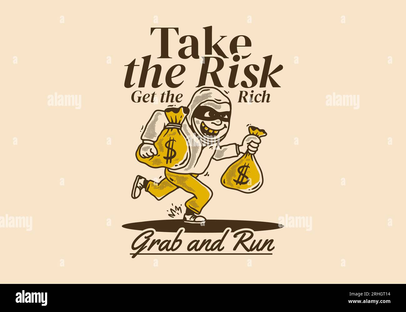 Take the risk get the rich. Bank robber character holding a money sack ...