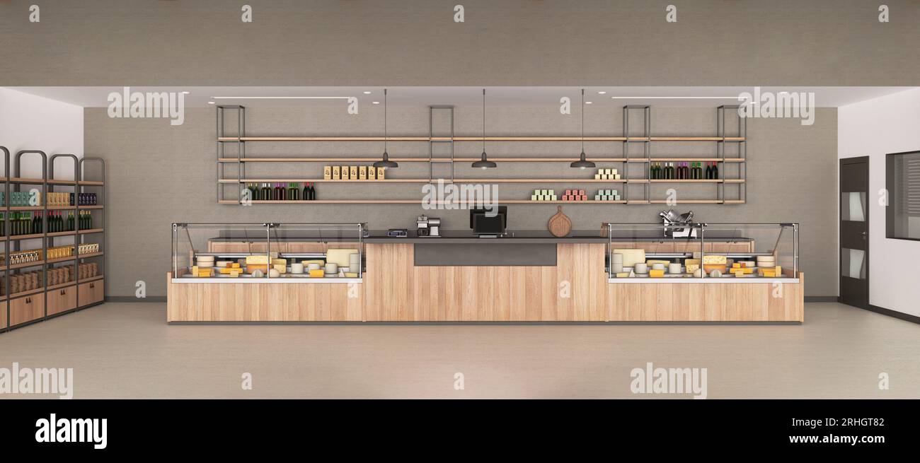 Grocery store interior design. Industrial floor, wooden furniture, loft ...