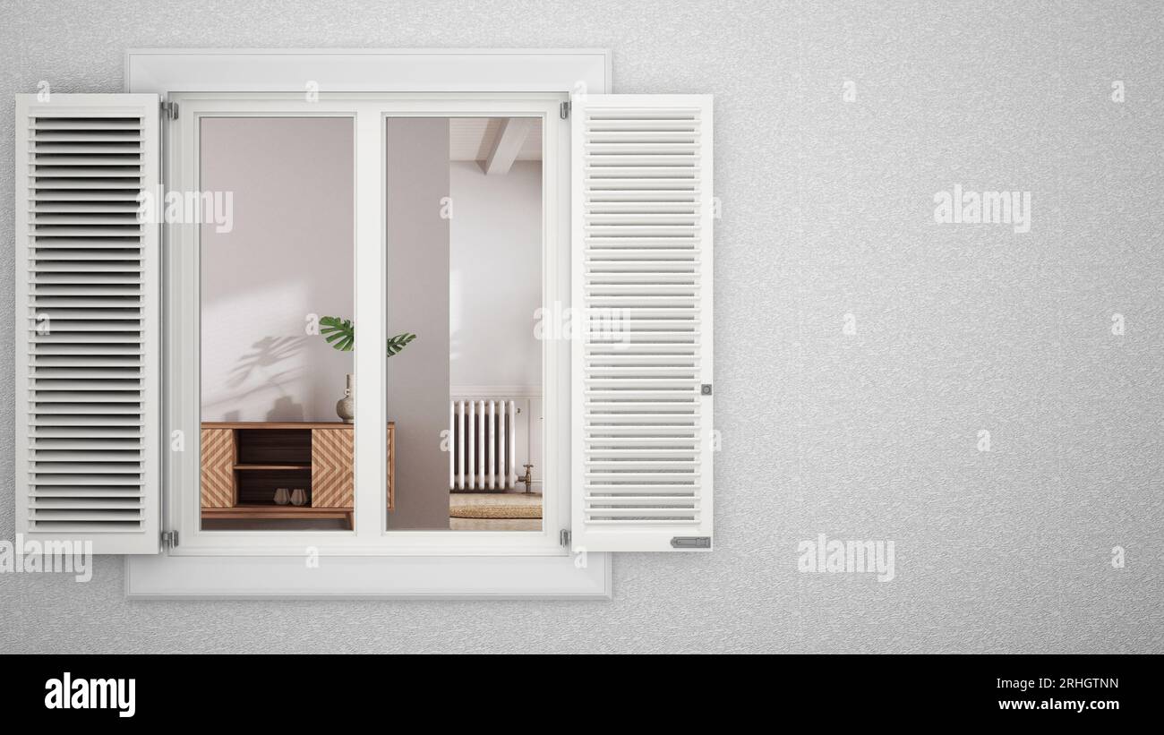 Exterior plaster wall with white window with shutters, showing interior ...