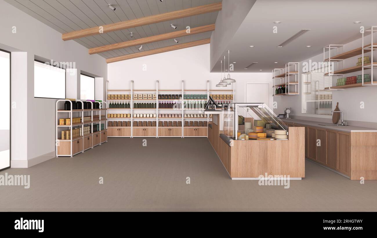 Grocery store interior design. Industrial floor, wooden furniture, loft ...