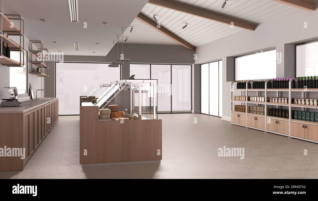 Grocery store interior design. Industrial floor, wooden furniture, loft ...
