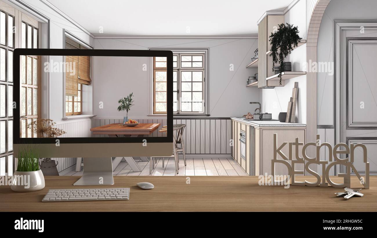 Architect designer project concept, wooden table with keys, 3D letters ...