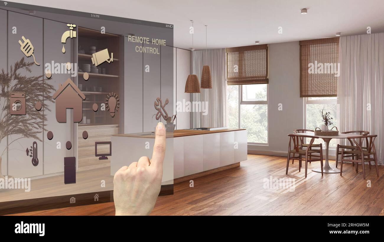 Smart home control concept, hand controlling digital interface from ...