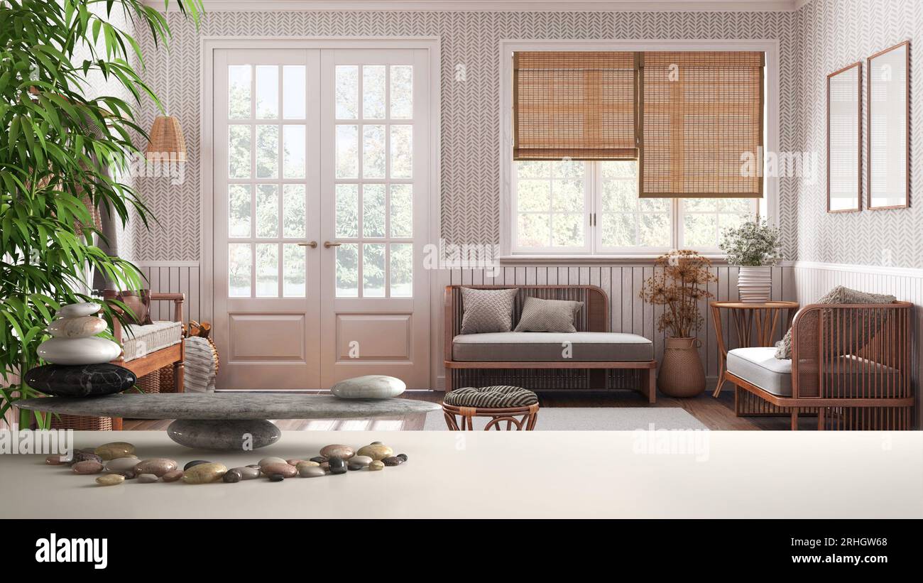 White table shelf with pebble balance and 3d letters making the word ...