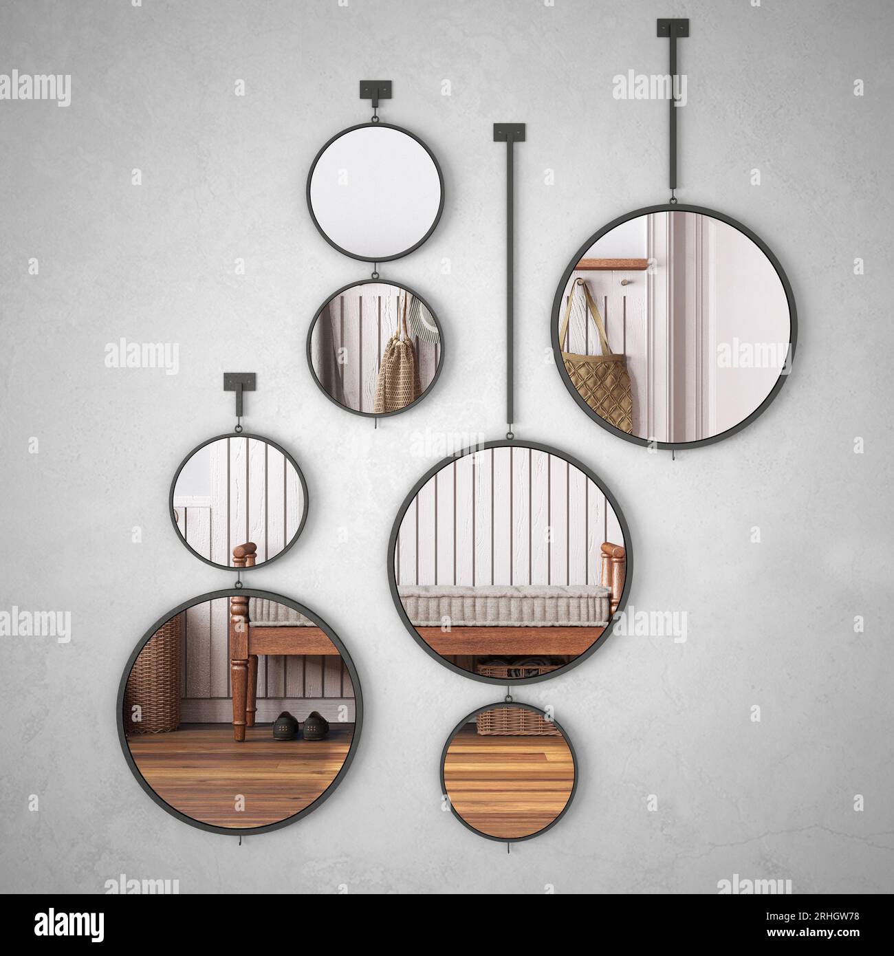 Round mirrors hanging on the wall reflecting interior design scene ...