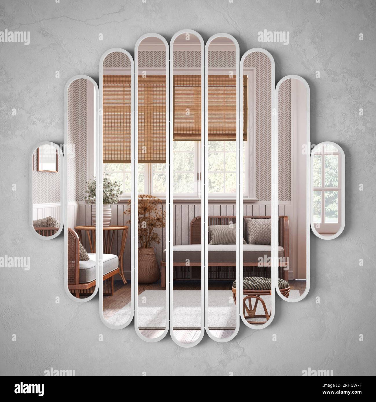 Modern mirror hanging on the wall reflecting interior design scene ...