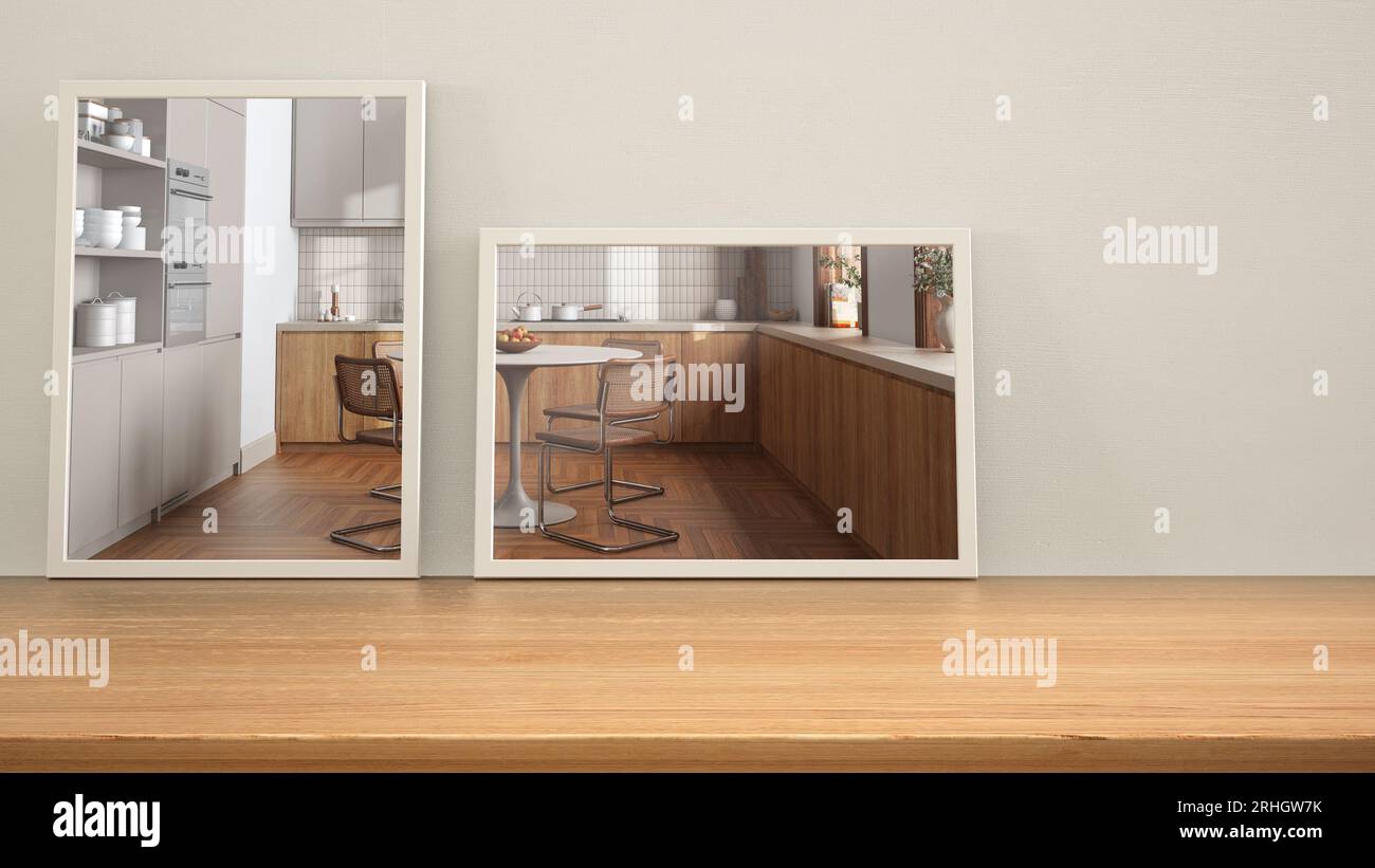 Minimalist mirrors on wooden table, desk or shelf reflecting interior ...