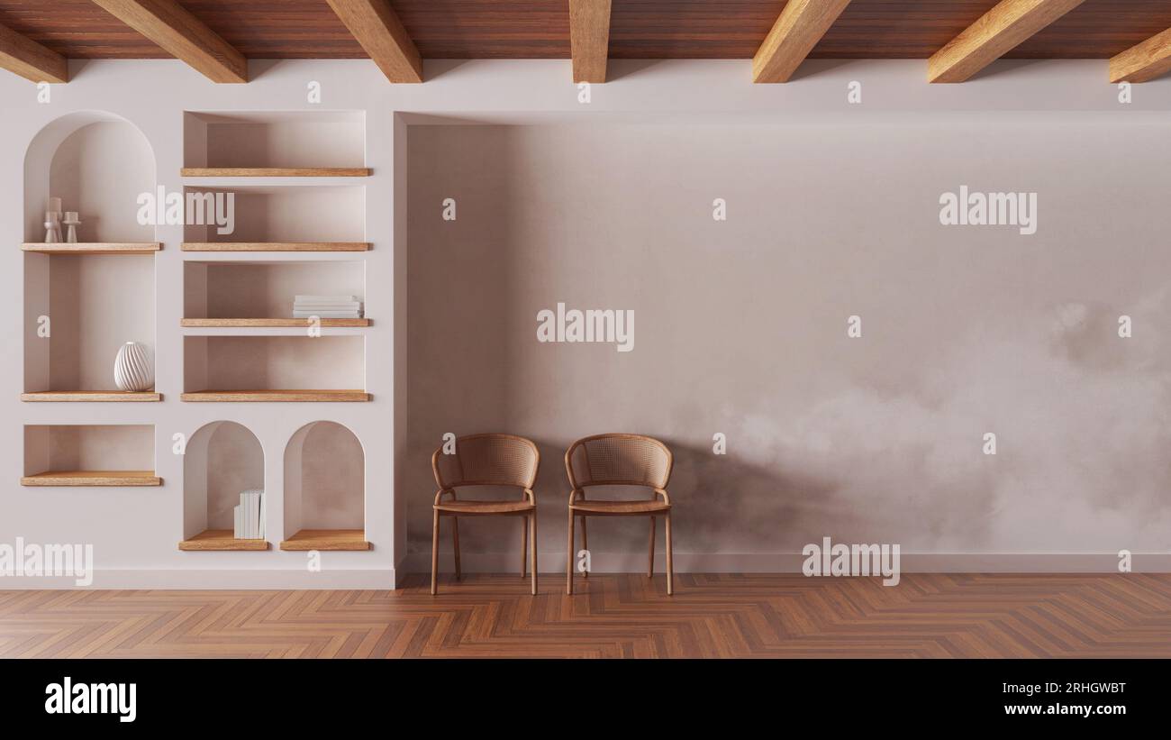 Waiting room interior design in white and beige tones with copy-space ...
