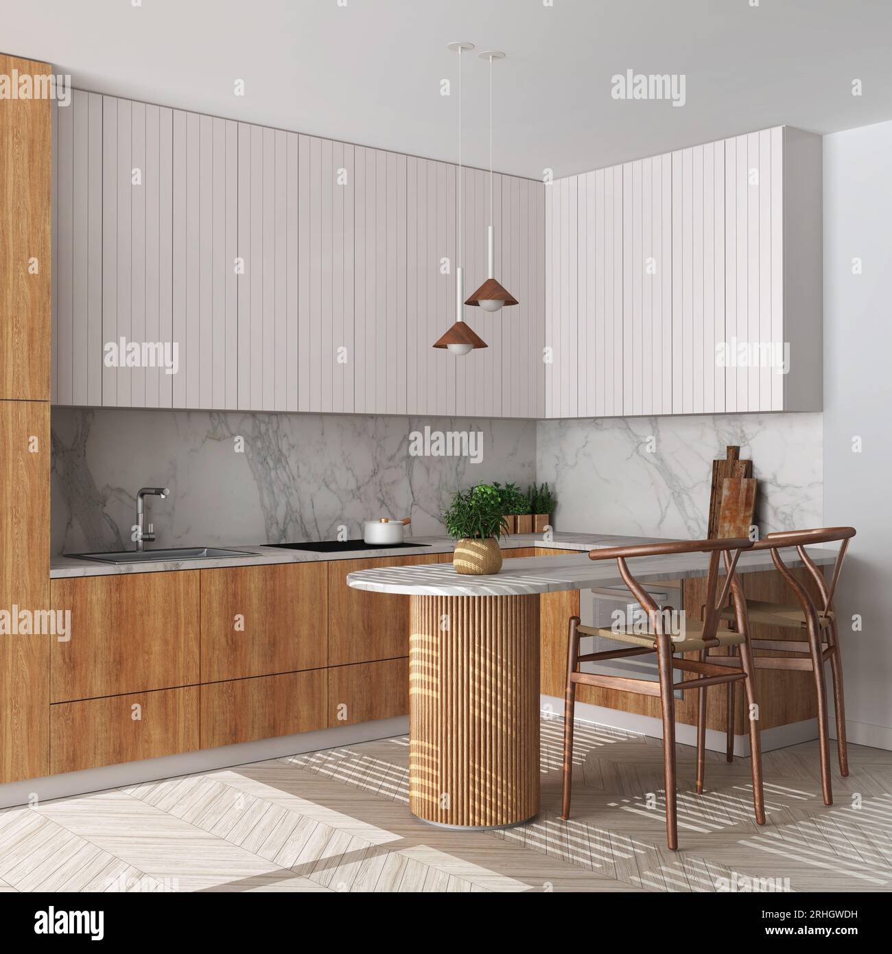 Scandinavian contemporary kitchen in white and wooden tones. Island ...