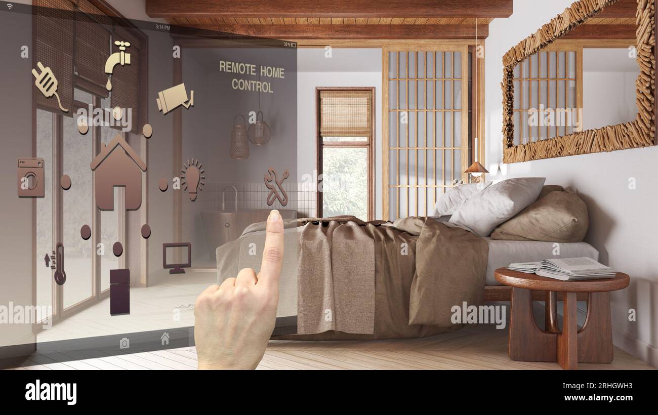 Smart home control concept, hand controlling digital interface from mobile app. Background ...