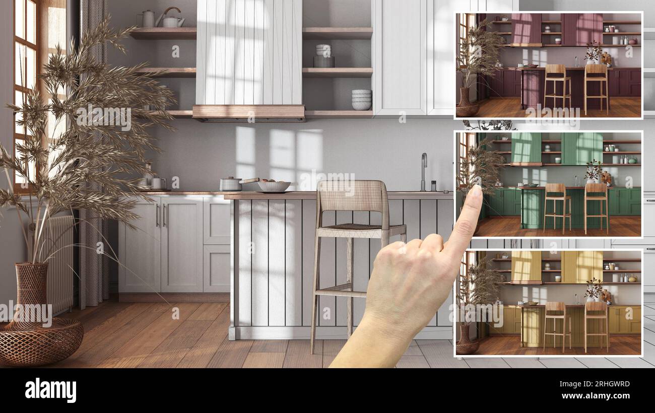 Architect designer concept, hand showing scandinavian farmhouse kitchen ...