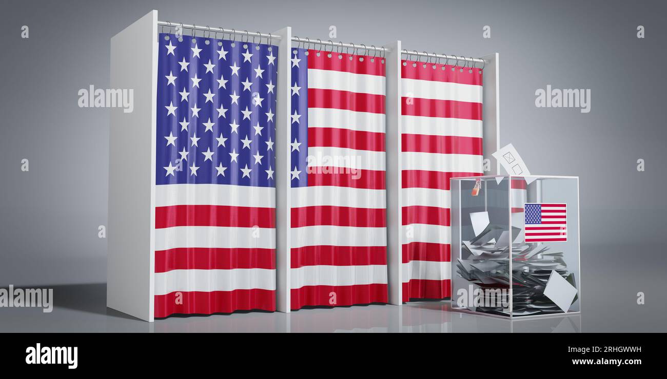 USA - voting booths with country flag and ballot box - 3D illustration ...