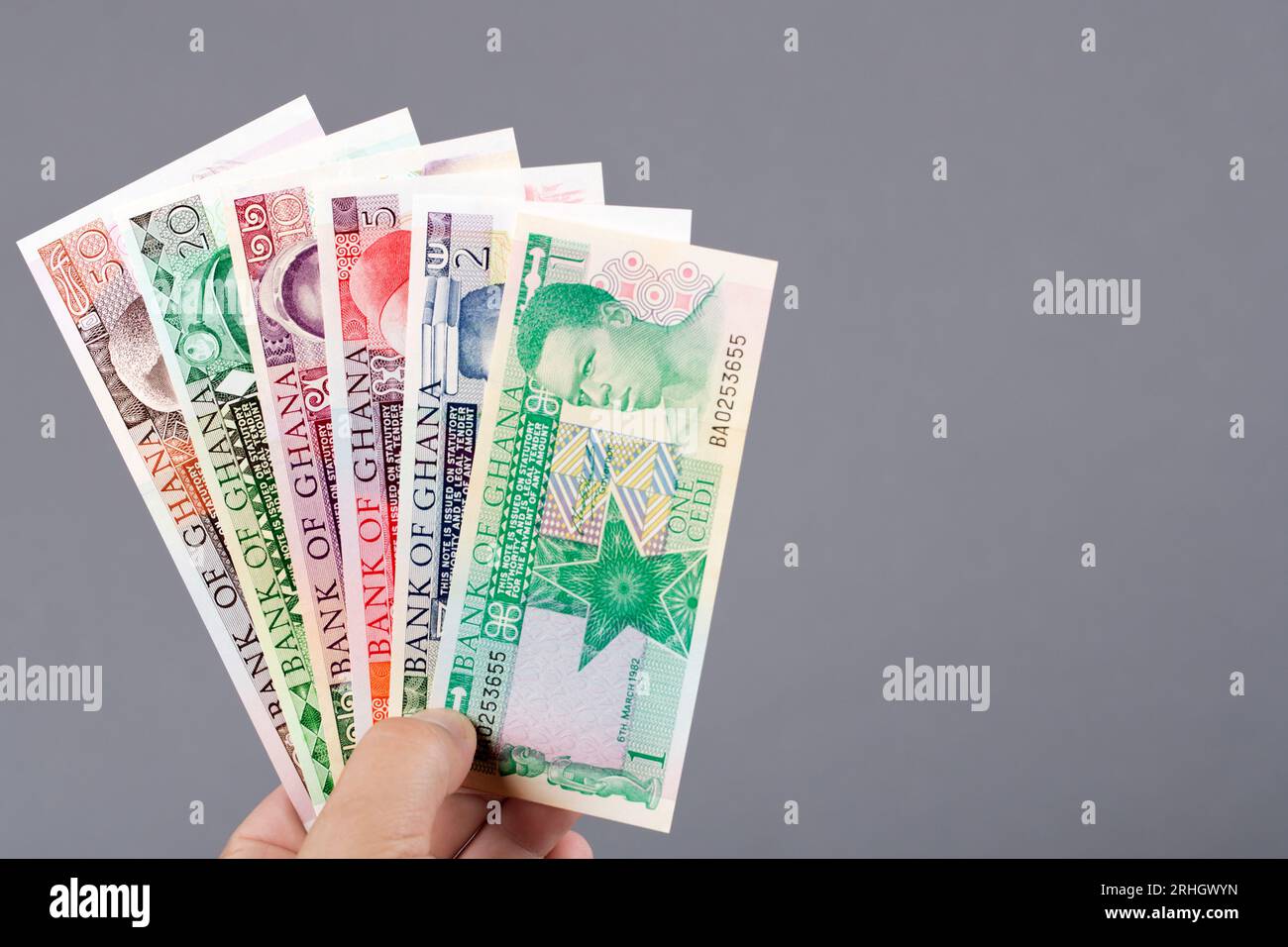 Old Ghanaian money - cedi in the hand on a gray background Stock Photo ...