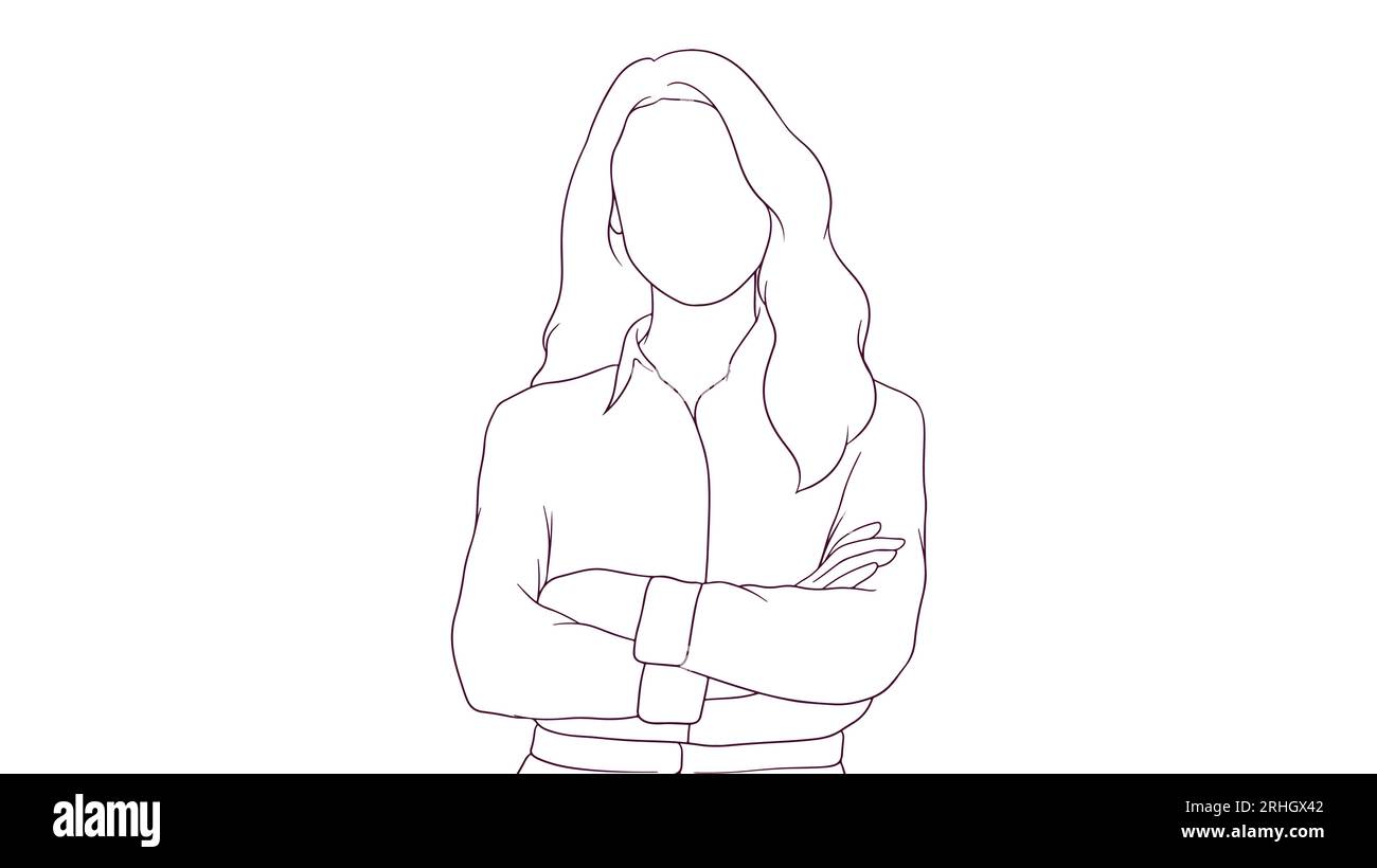 self assured businesswoman standing with crossed arms, hand drawn style ...