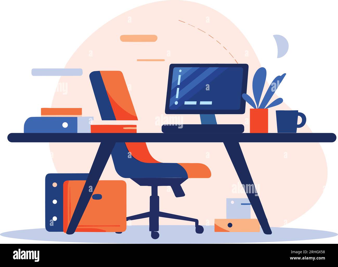 Hand Drawn desk in the office is organized in order in flat style ...