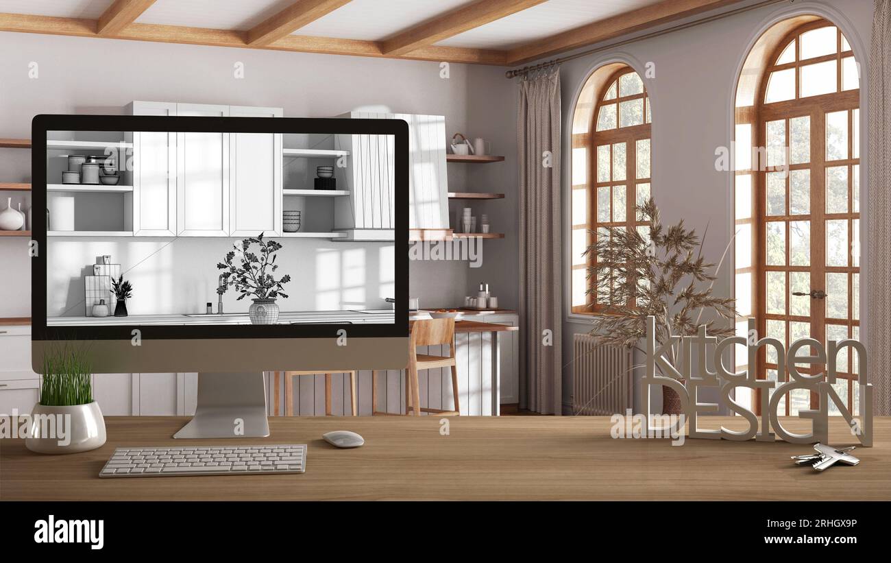 Architect designer project concept, wooden table with house keys, 3D ...