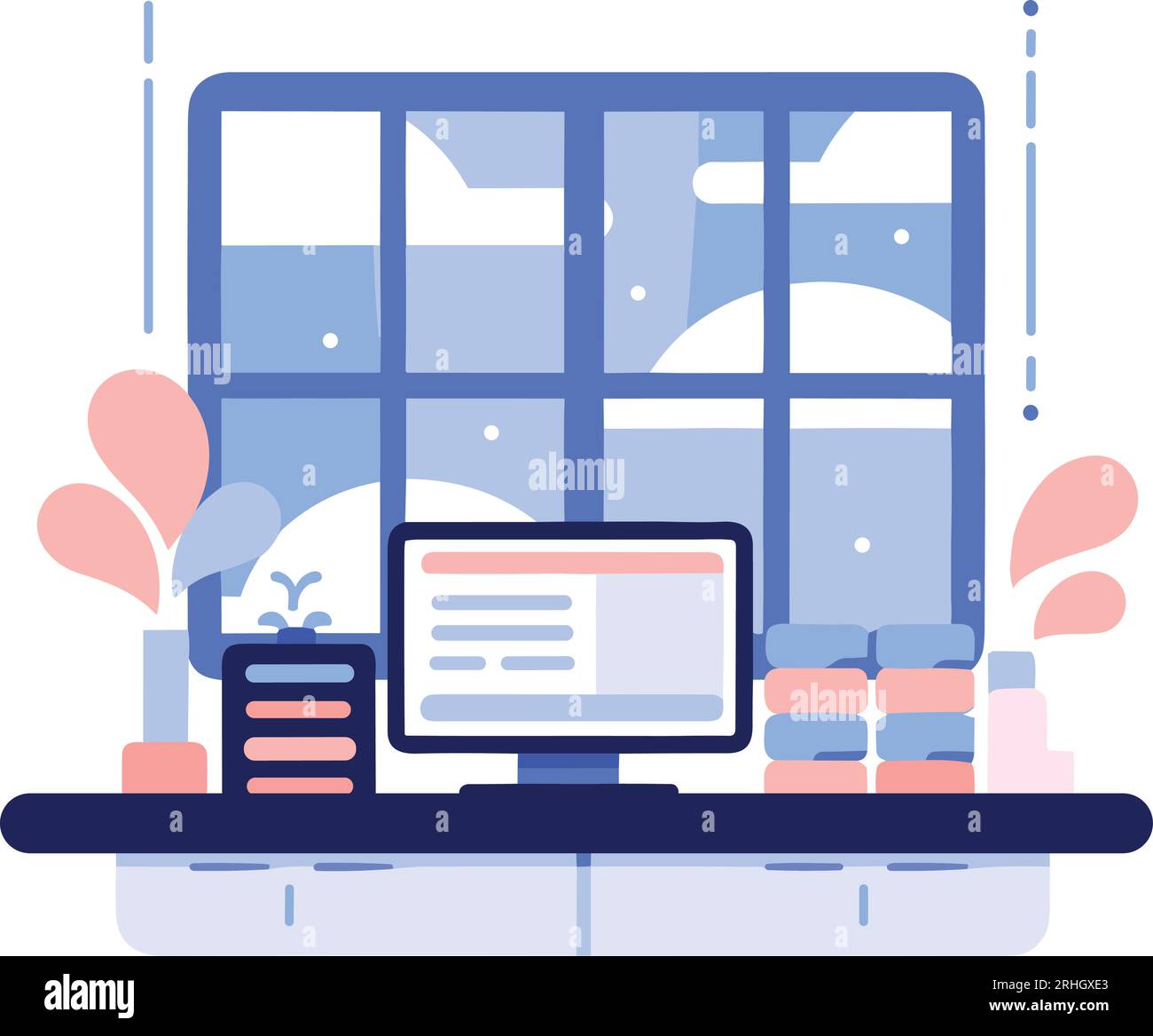 Hand Drawn desk in the office is organized in order in flat style ...