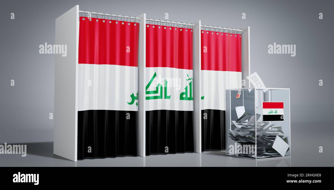 Iraq - voting booths with country flag and ballot box - 3D illustration ...