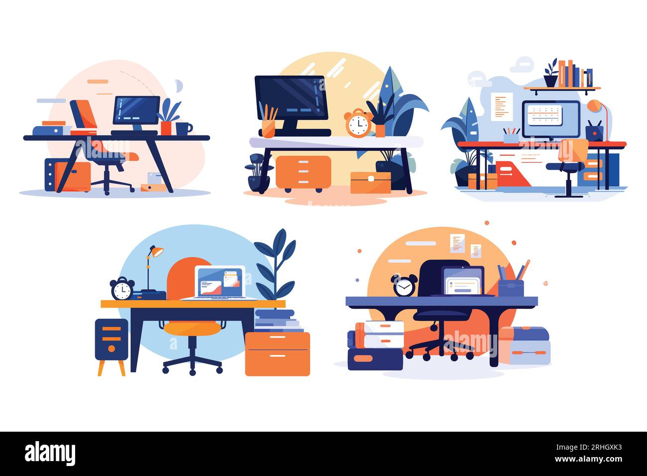 Hand Drawn desk in the office is organized in order in flat style ...