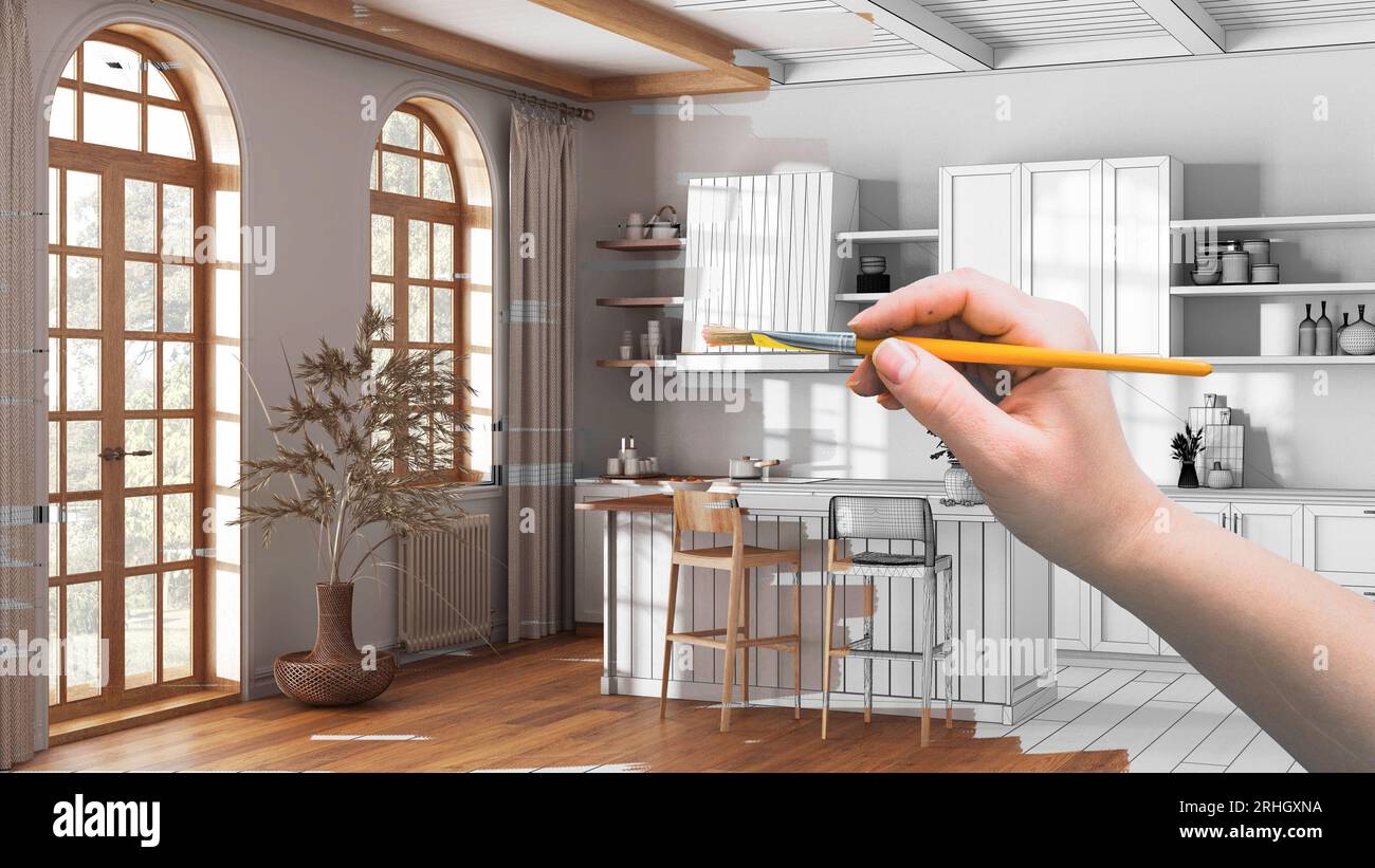 Blueprint project draft, sketch of scandinavian farmhouse kitchen in ...