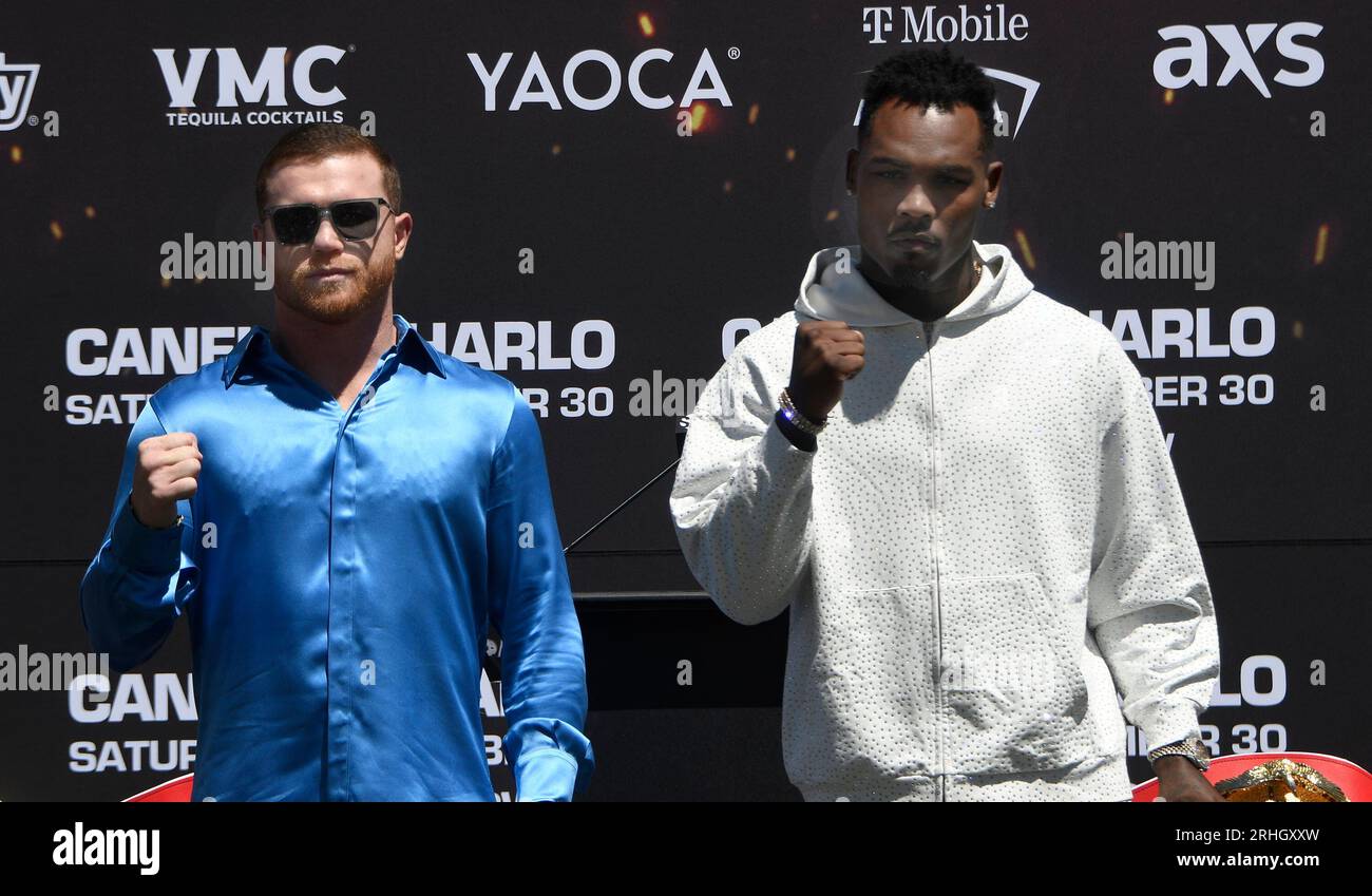 Beverly Hills CA/USA. Aug 16, 2023. (L-R) Canelo Alvarez poses with ...