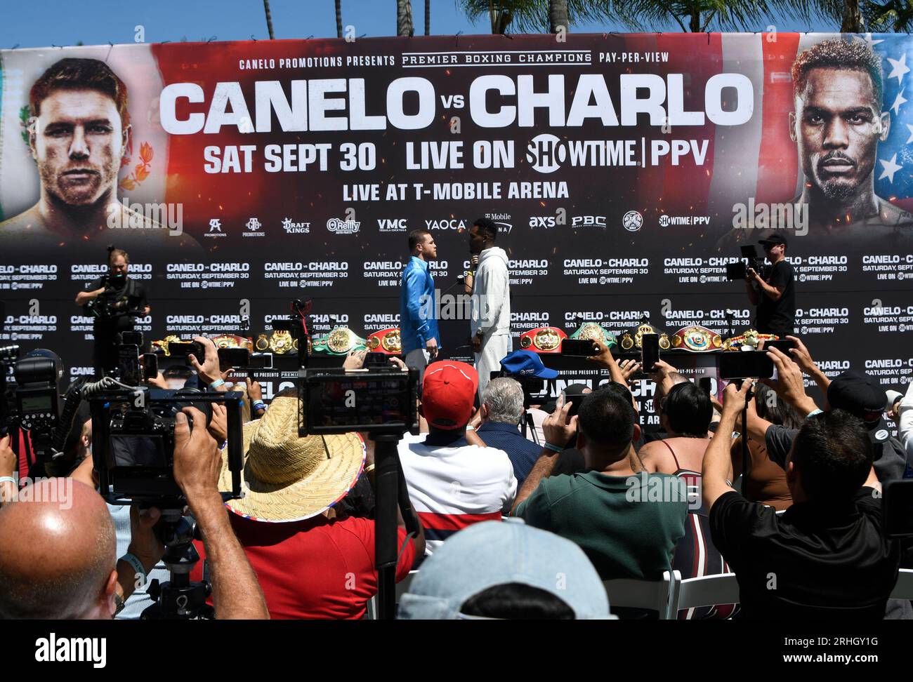 Beverly Hills CA/USA. Aug 16, 2023. (L-R) Canelo Alvarez faces off with ...