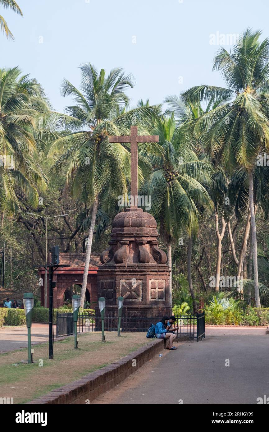 Old Goa, India - January 2023: The cross at the ancient Portuguese era ...