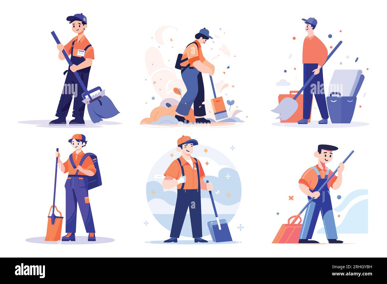 Hand Drawn happy cleaning staff is cleaning the floor in flat style isolated on background Stock ...