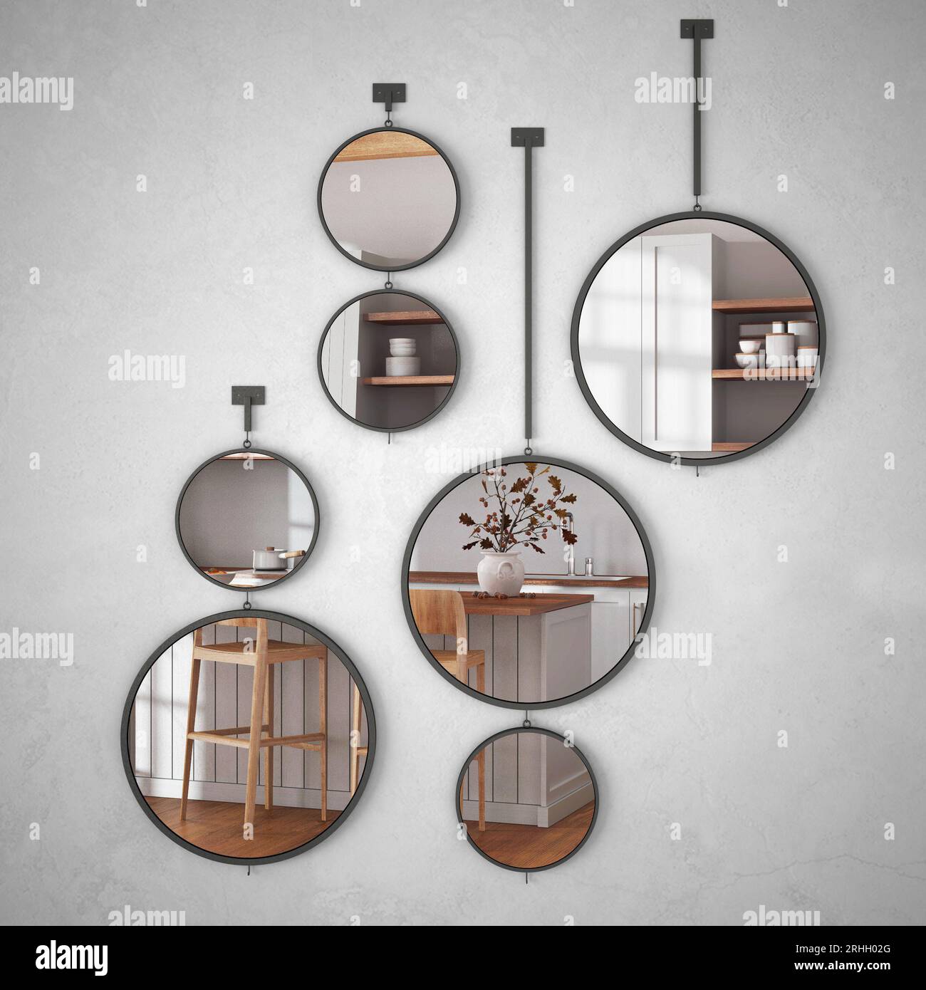Round mirrors hanging on the wall reflecting interior design scene ...